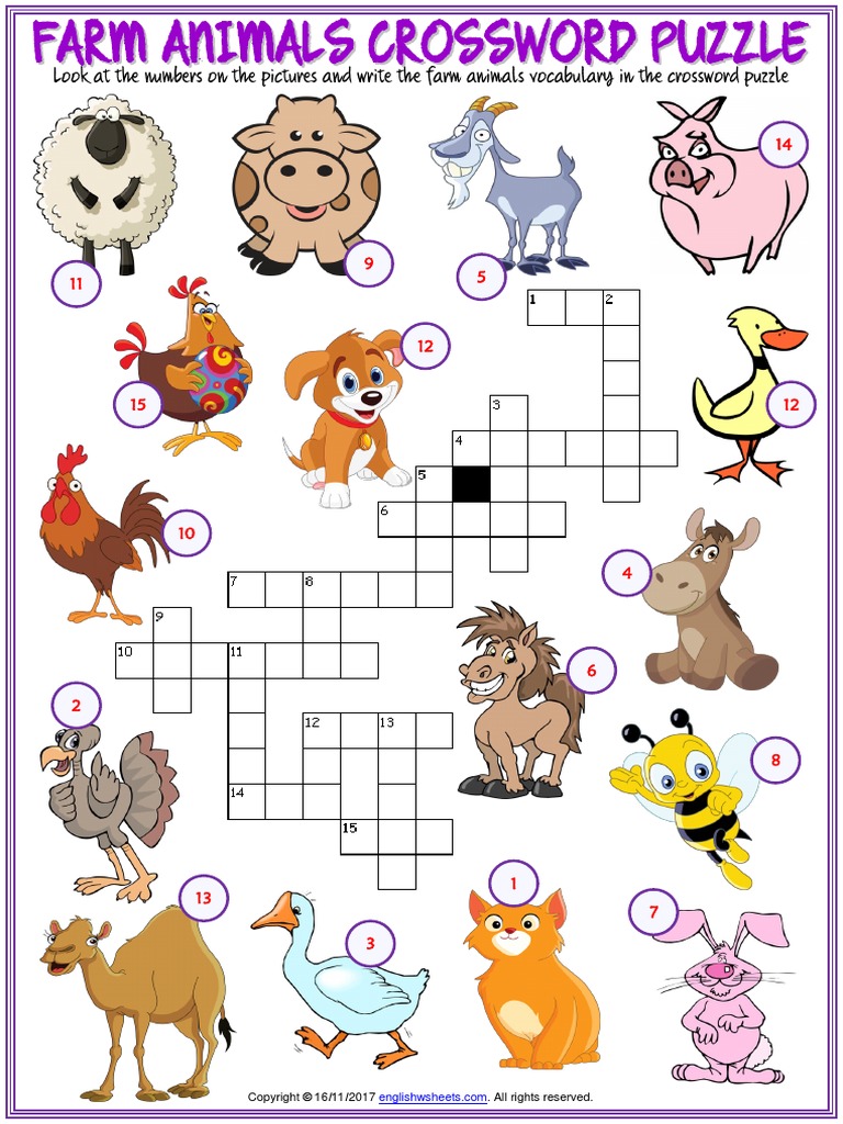 Farm Animals Vocabulary Esl Crossword Puzzle Worksheet For Kids | PDF