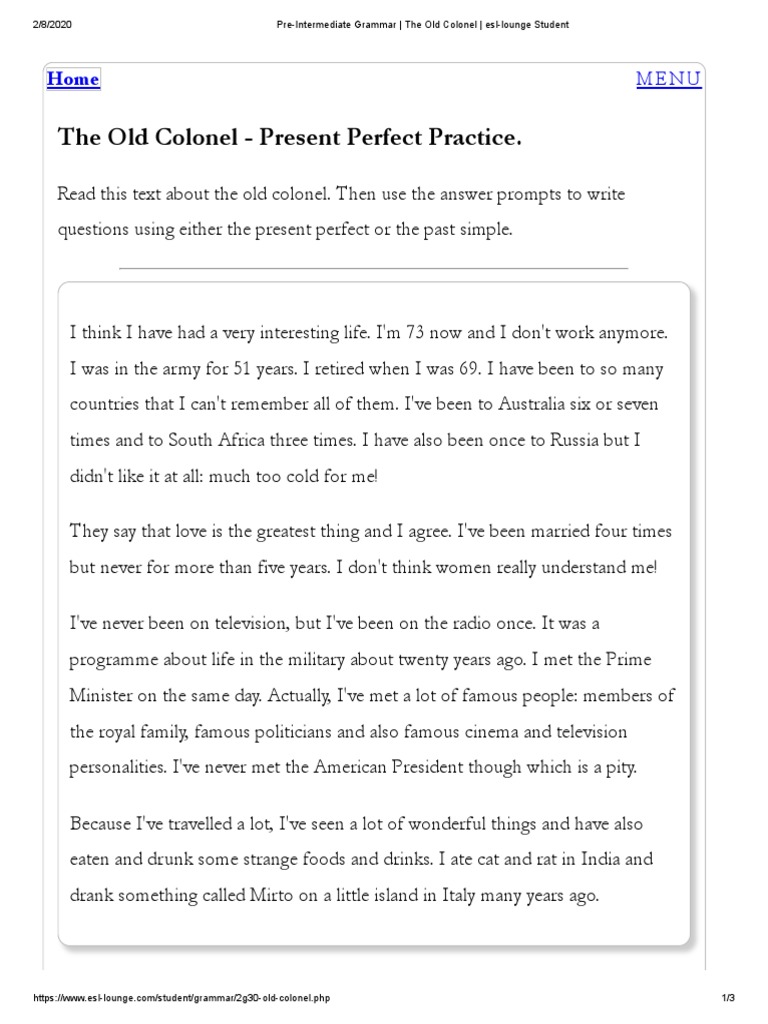 The Old Colonel - Present Perfect Practice | PDF