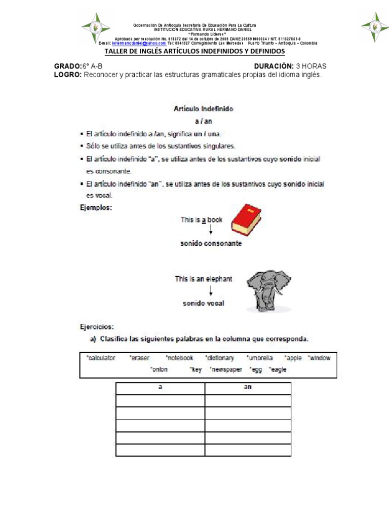 Taller de Inglés Artículos Indefinidos y Definidos 6°a-B | PDF
