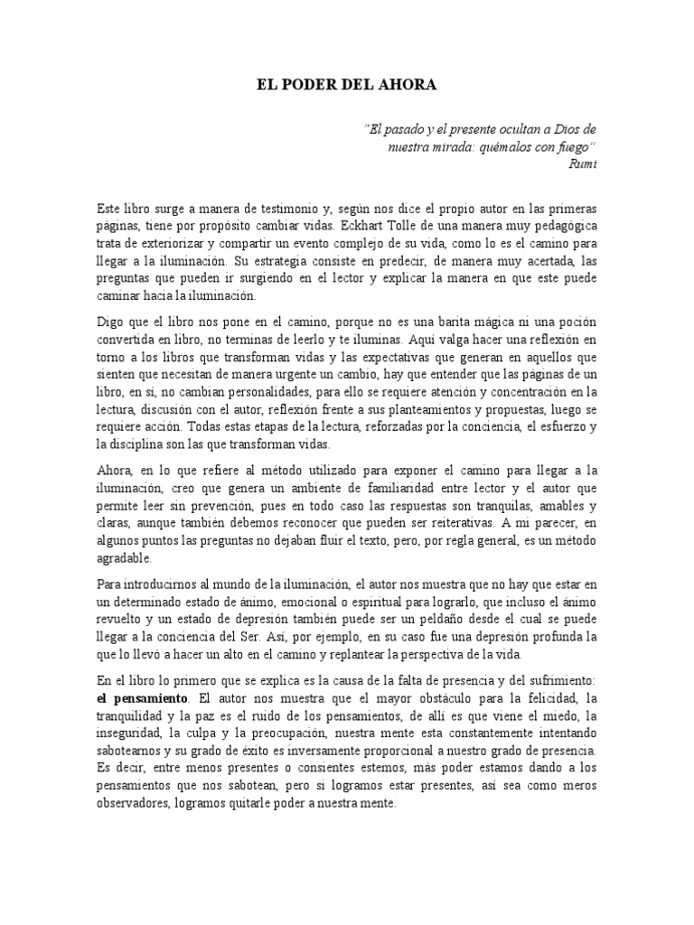 El Poder Del Ahora | PDF | Felicidad | Sufrimiento