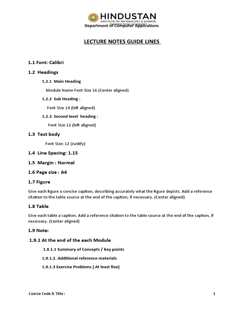Lecture Notes Guide Lines: 1.1 Font: Calibri 1.2 Headings | PDF