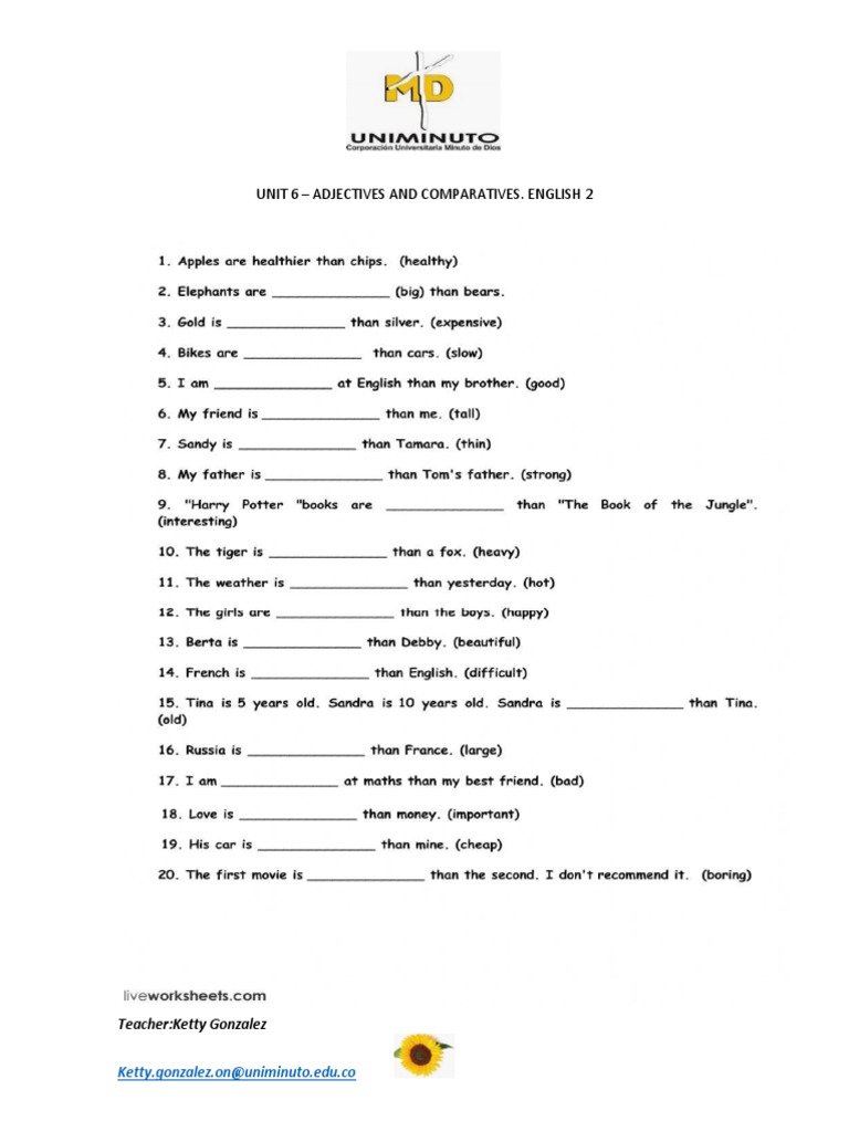 Unit 6. Adjectives and Comparatives. Workshop | PDF
