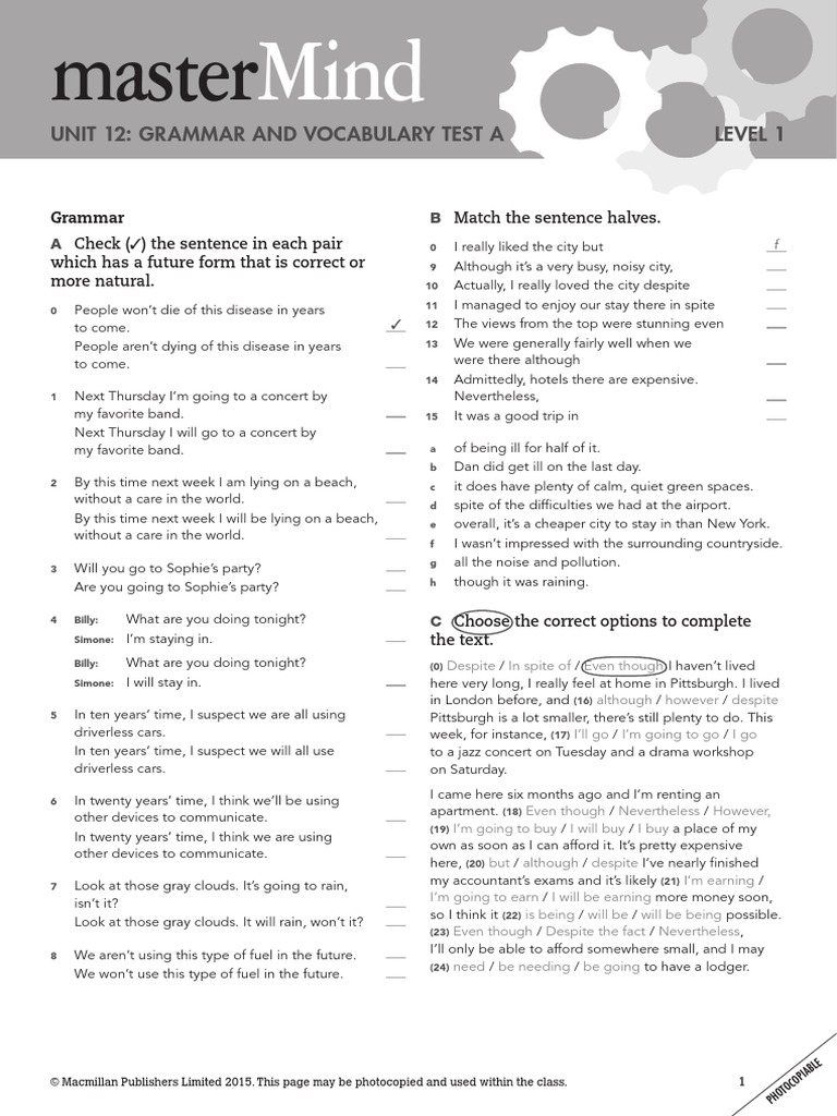 Mastermind 1 Unit 12 Grammar and Vocabulary Test A | PDF | Transport