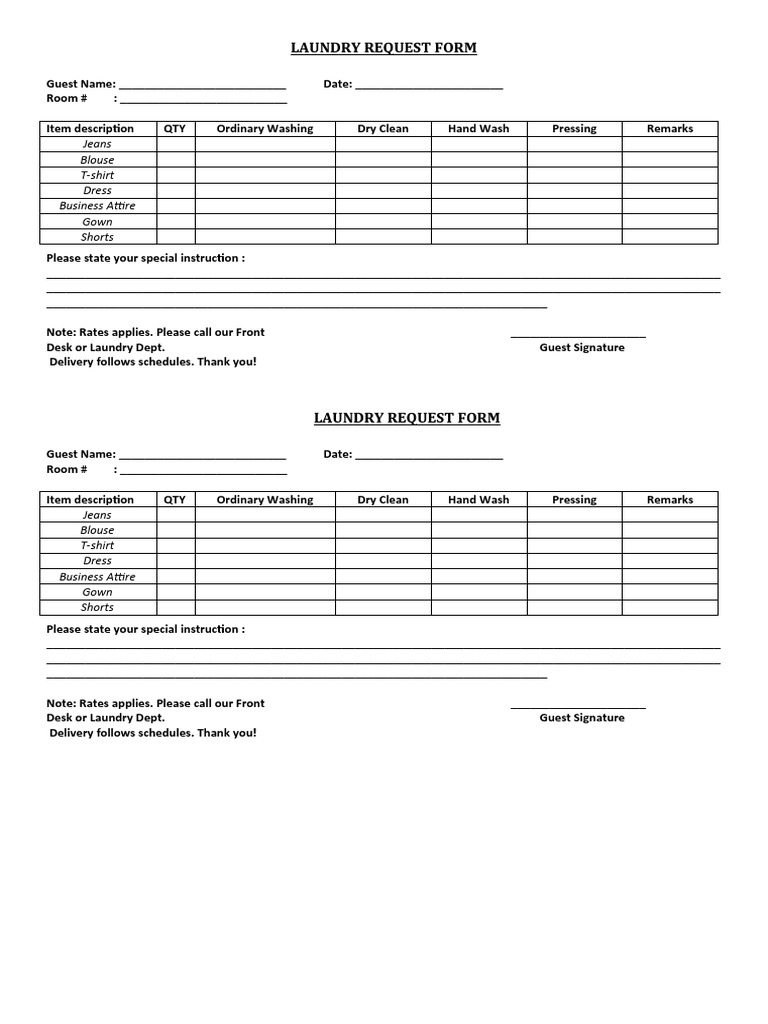 Laundry Request Form: Jeans Blouse T-Shirt Dress Business Attire Gown ...