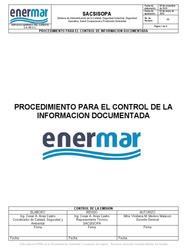 Procedimiento para El Control de Informacion Documentada | PDF ...