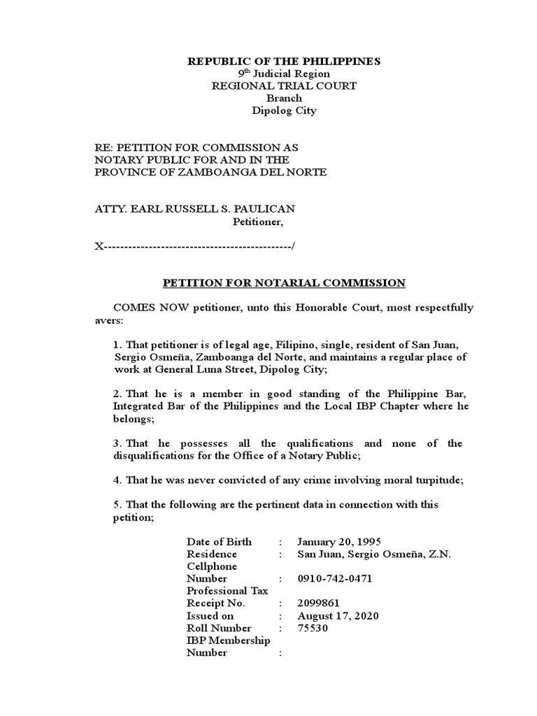 Petition For Notarial Commission | PDF | Affidavit | Notary Public