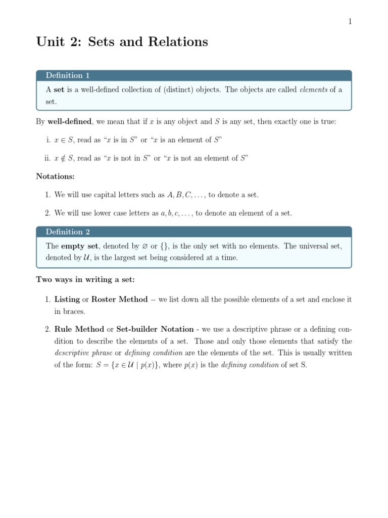 Unit 2 Sets and Relations | PDF | Set (Mathematics) | Numbers
