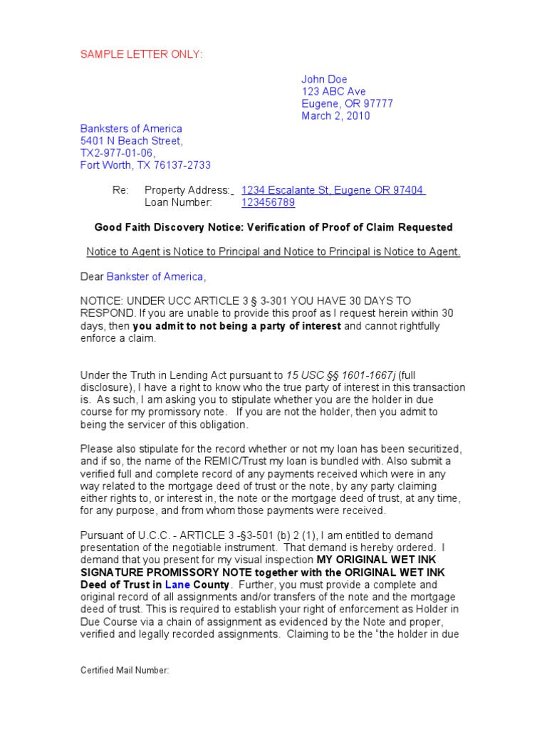 1st letter sample, demand for PROOF OF CLAIM | Deed Of Trust (Real ...
