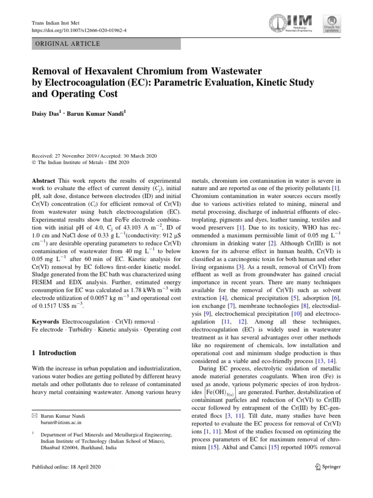 Removal of Hexavalent Chromium From Wastewater by Electrocoagulation ...