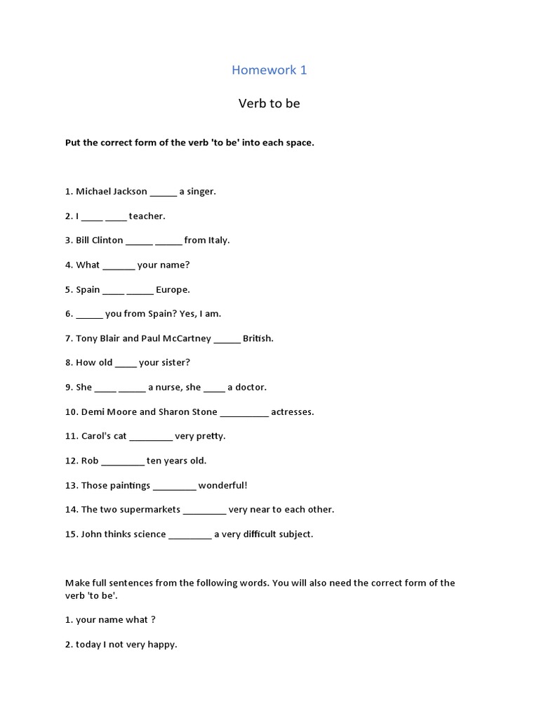 Verb To Be: Homework 1 | PDF