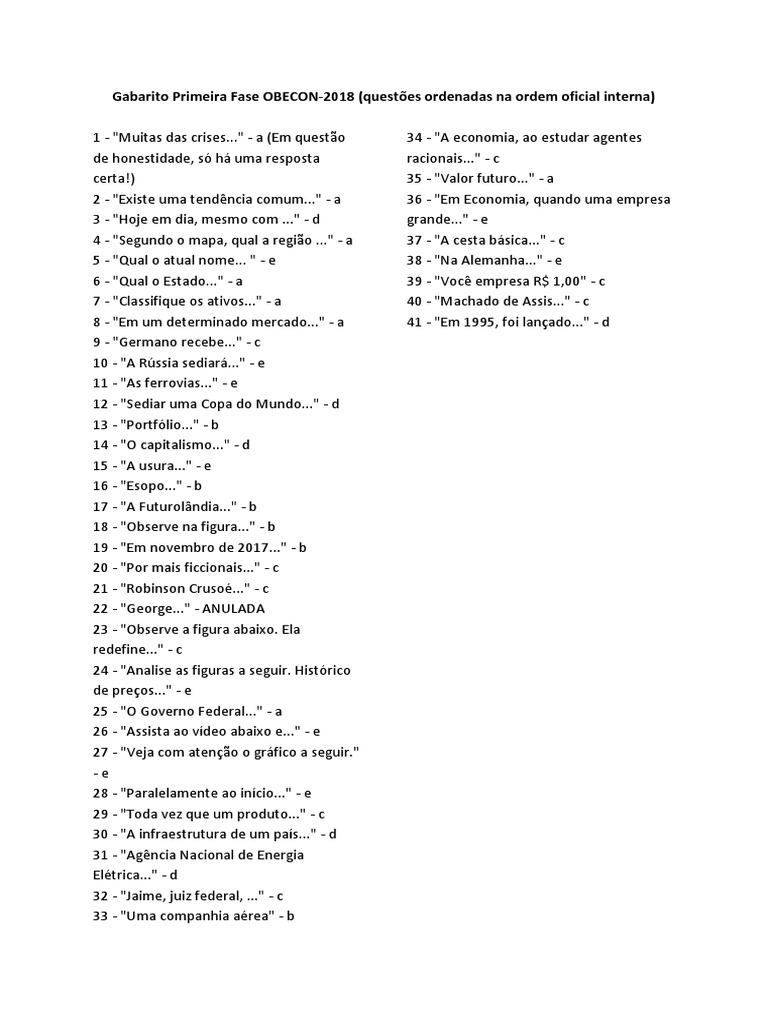 OBECON 2018 1 Fase Gabarito PDF | PDF