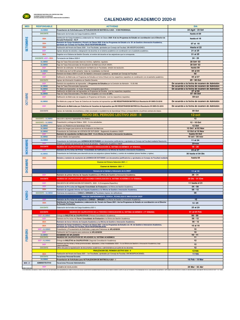 Calendario Academico 2020-Ii PDF | PDF | Prueba (evaluación ...