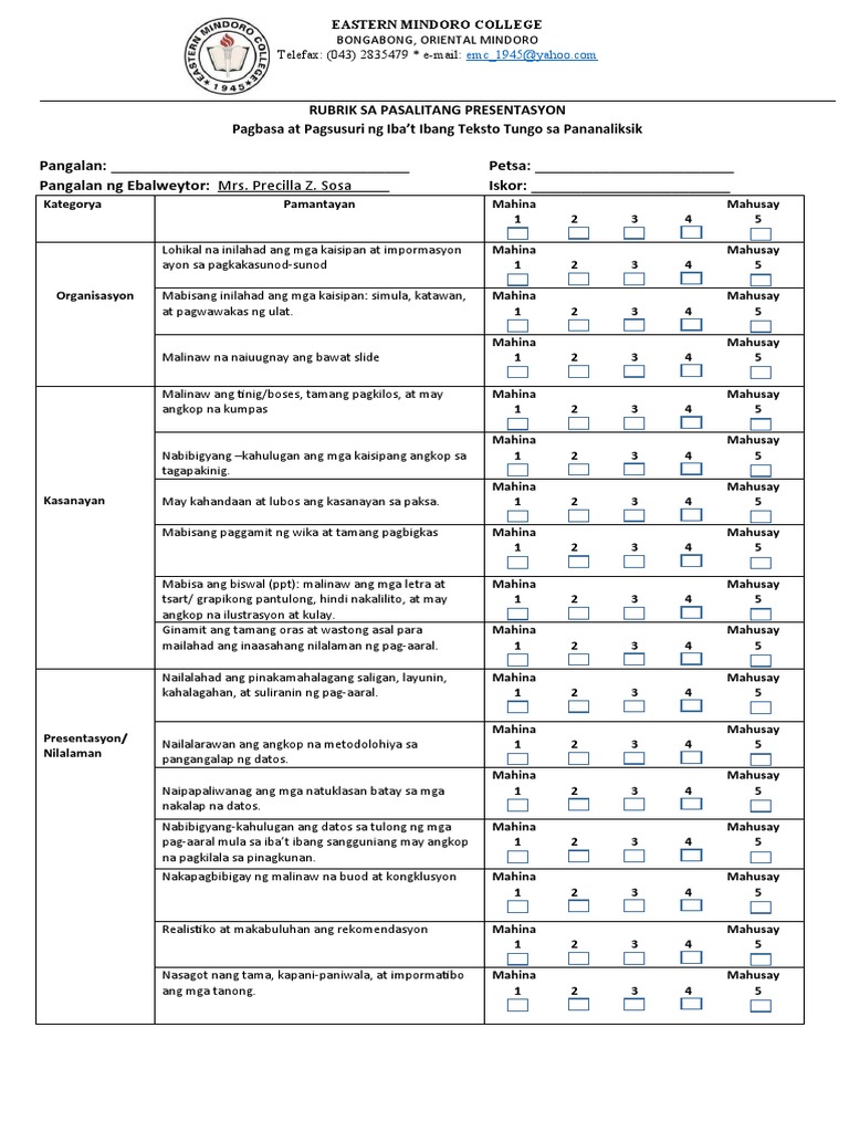 Rubric Sa Oral Presentation | PDF