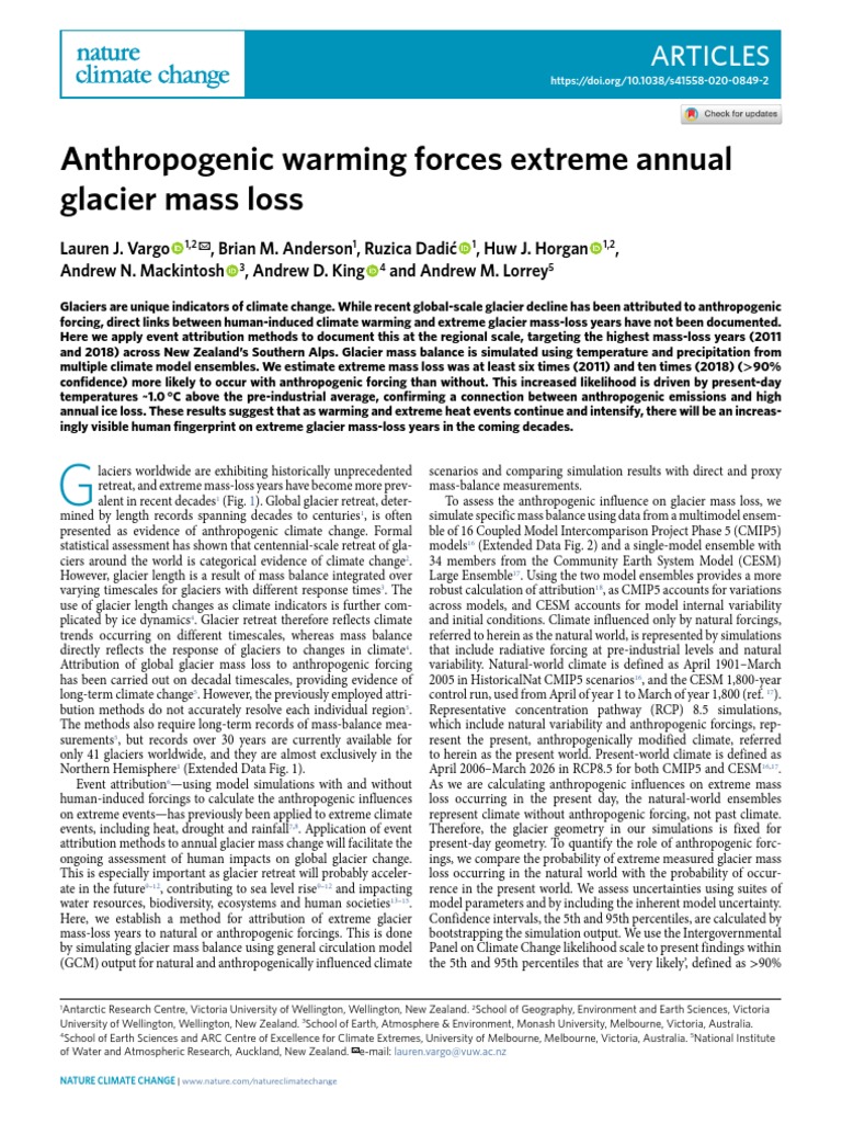 Anthropogenic Warming Forces Extreme Annual Glacier Mass Loss | PDF ...