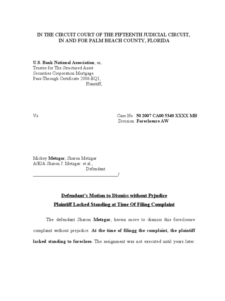 Foreclosure Motion To Dismiss - Lack of Standing | PDF | Foreclosure ...