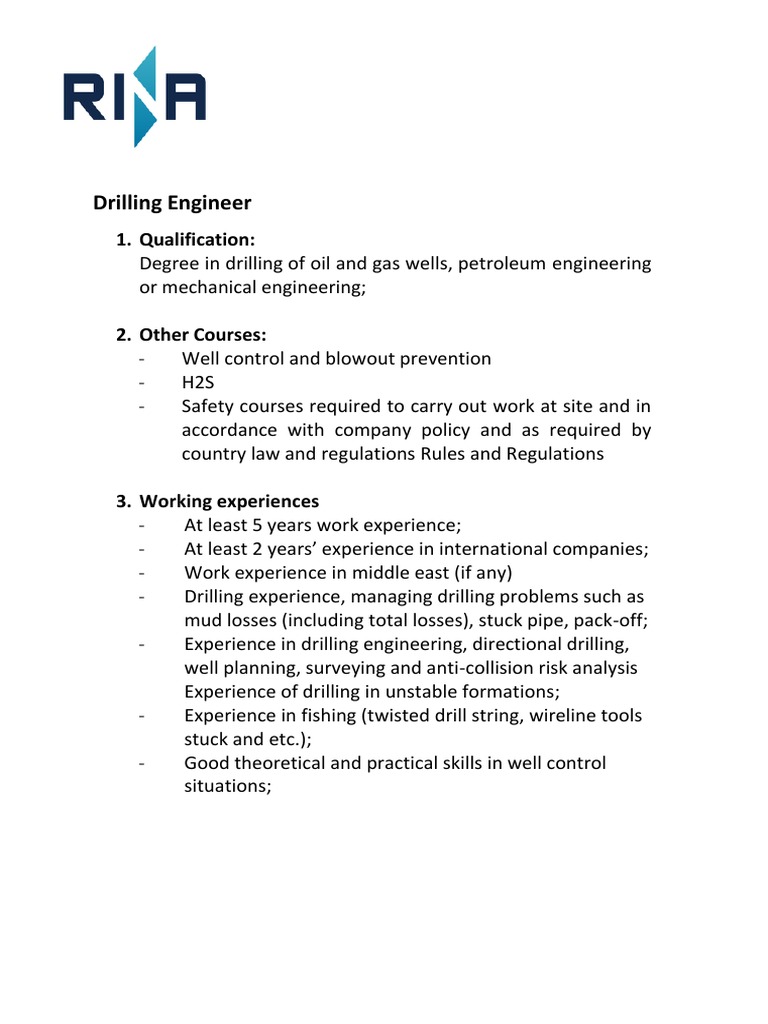 Drilling Engineer: 1. Qualification | PDF | Oil Well | Drilling Rig
