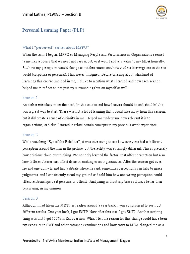 Personal Learning Paper (PLP) : Vishal Luthra, P19085 - Section B ...