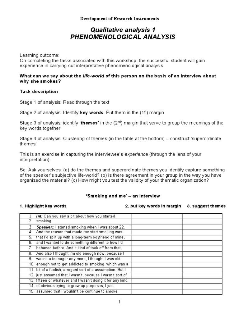 Qualitative Analysis 1 Phenomenological Analysis: Development of ...