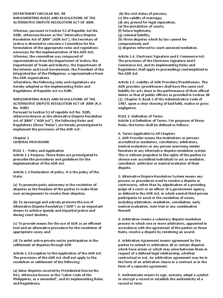 Adr Irr For RA 9285 | PDF | Mediation | Alternative Dispute Resolution