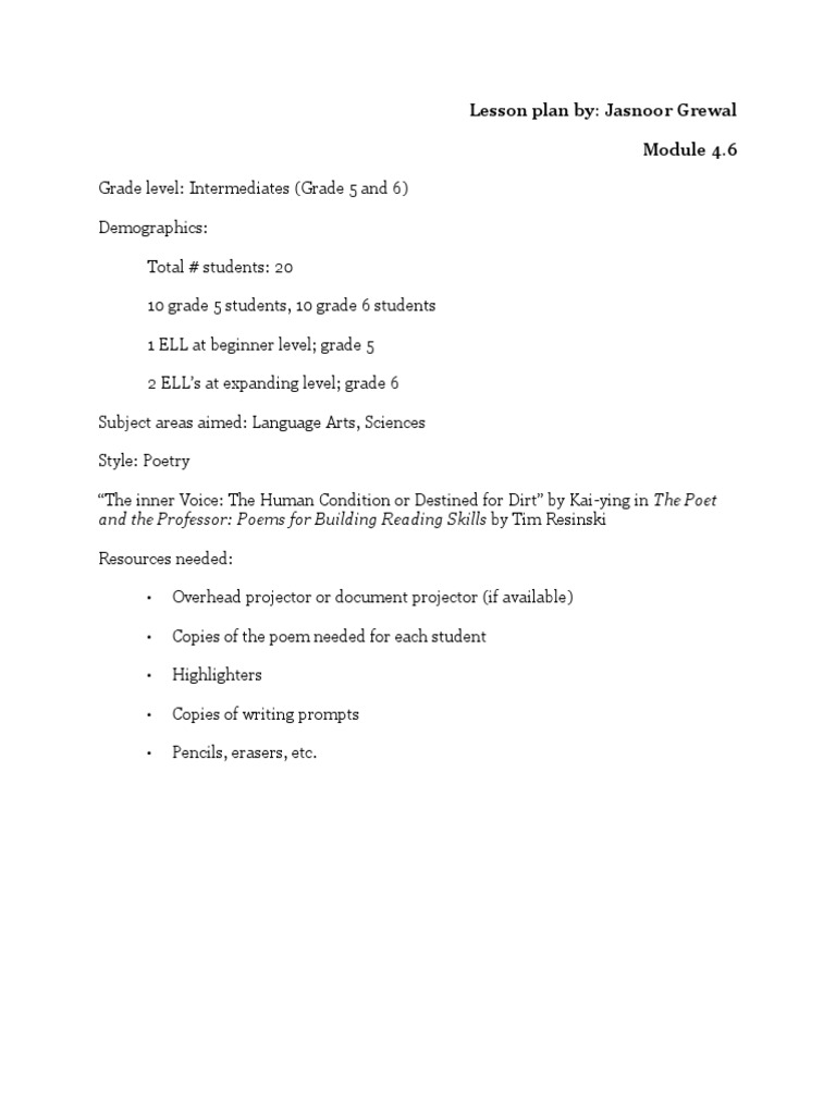 Poetry Lesson Plan by Jasnoor Grewal | PDF | Educational Assessment ...