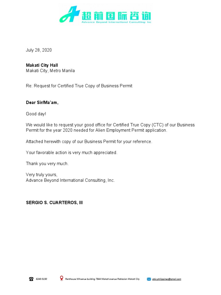 Request Letter For New Business Permit CTC | PDF