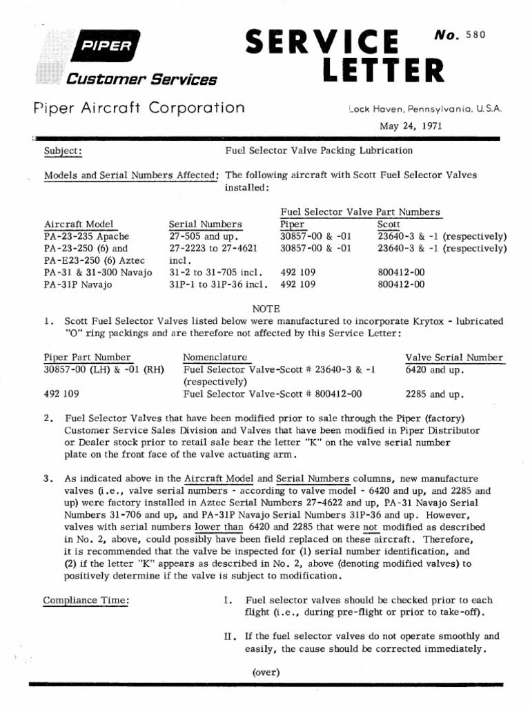 Service Letter: Customer Services | PDF | Piper Aircraft | Aircraft