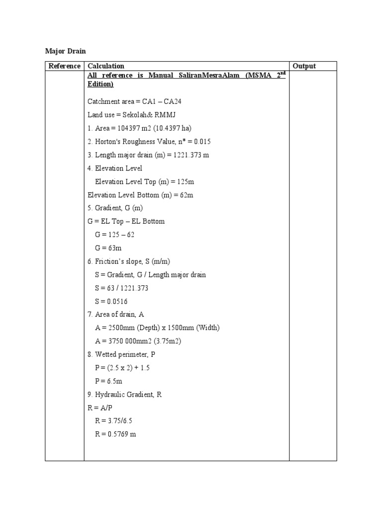 Major Drain Reference Calculation Output All Reference Is Manual ...
