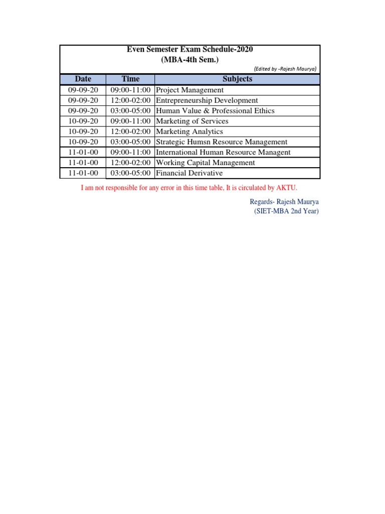 Even Semester Exam Schedule-2020 (MBA-4th Sem.) | PDF | Career & Growth ...