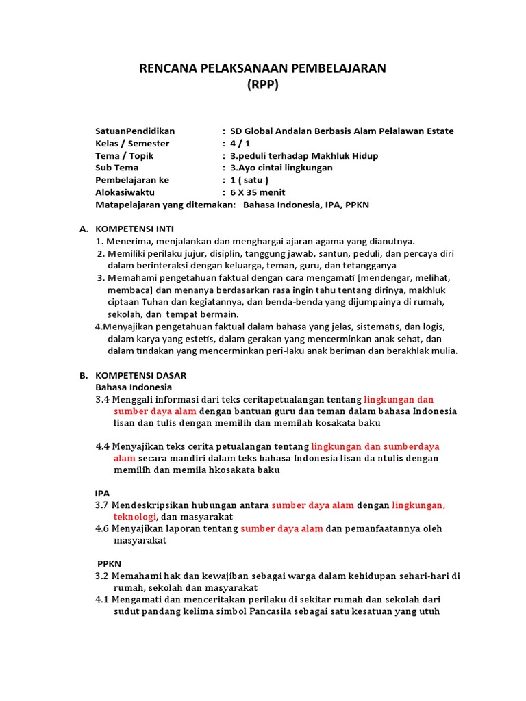 RPP Ayo Cintai Lingkungan Kelas 4-1 Okok | PDF