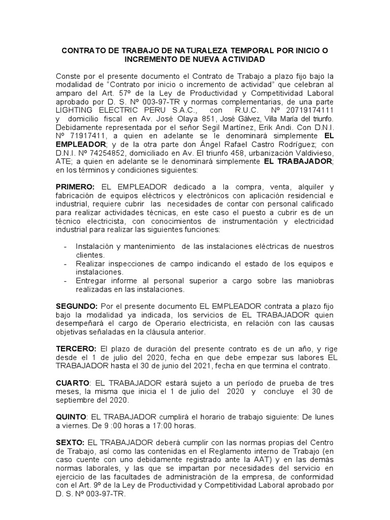 Contrato de Trabajo de Naturaleza Temporal Por Inicio o Incremento de Nueva Actividad | PDF ...