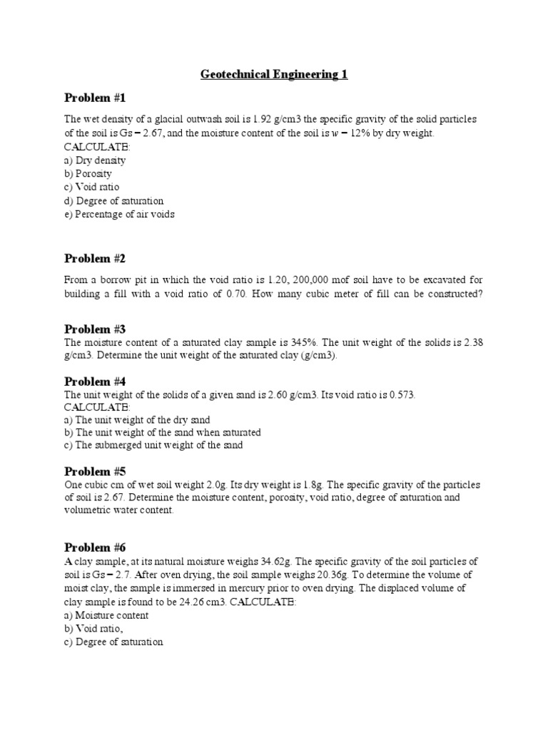 Geotechnical Engineering 1 Problem #1 | PDF | Density | Porosity