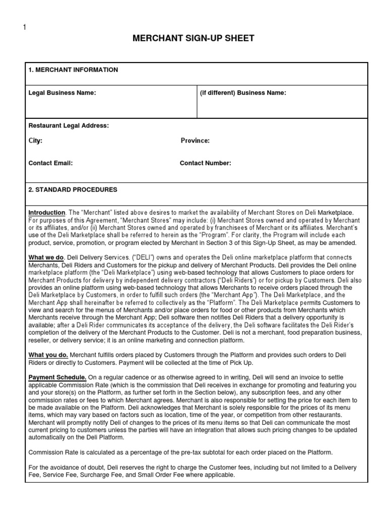 Merchant Sign Up Sheet | PDF | Fee | Pricing