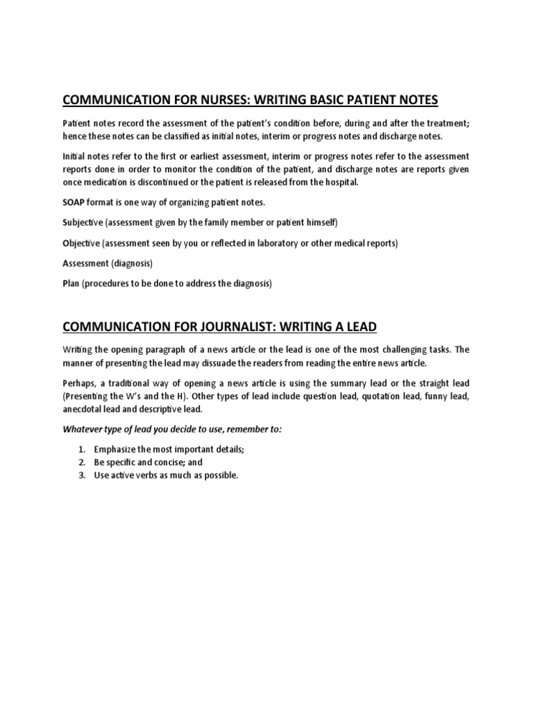Purposive Communication Writing Basic Patient Notes, Lead & Journalism ...