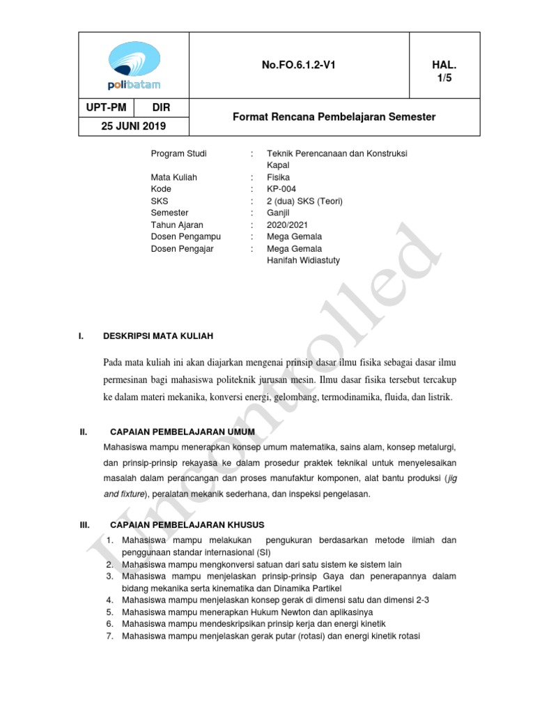 Rencana Pembelajaran Fisika Kapal 2020 | PDF