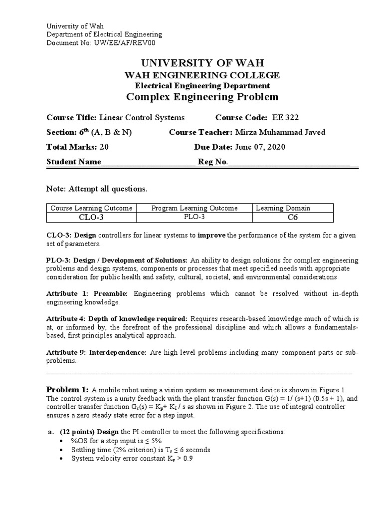 University of Wah Complex Engineering Problem | PDF | Control Theory ...