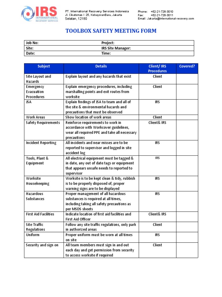 420-8 Toolbox Safety Meeting Form Template | PDF | Working Conditions ...