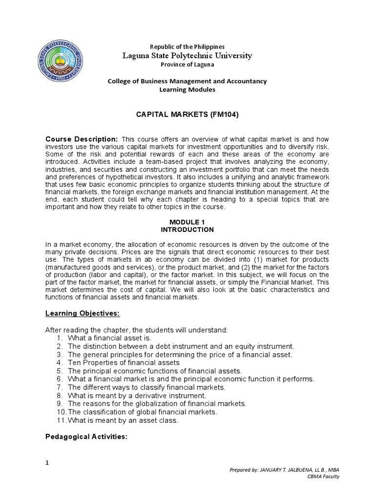CAPITAL MARKETS - Module1 | Download Free PDF | Market (Economics ...