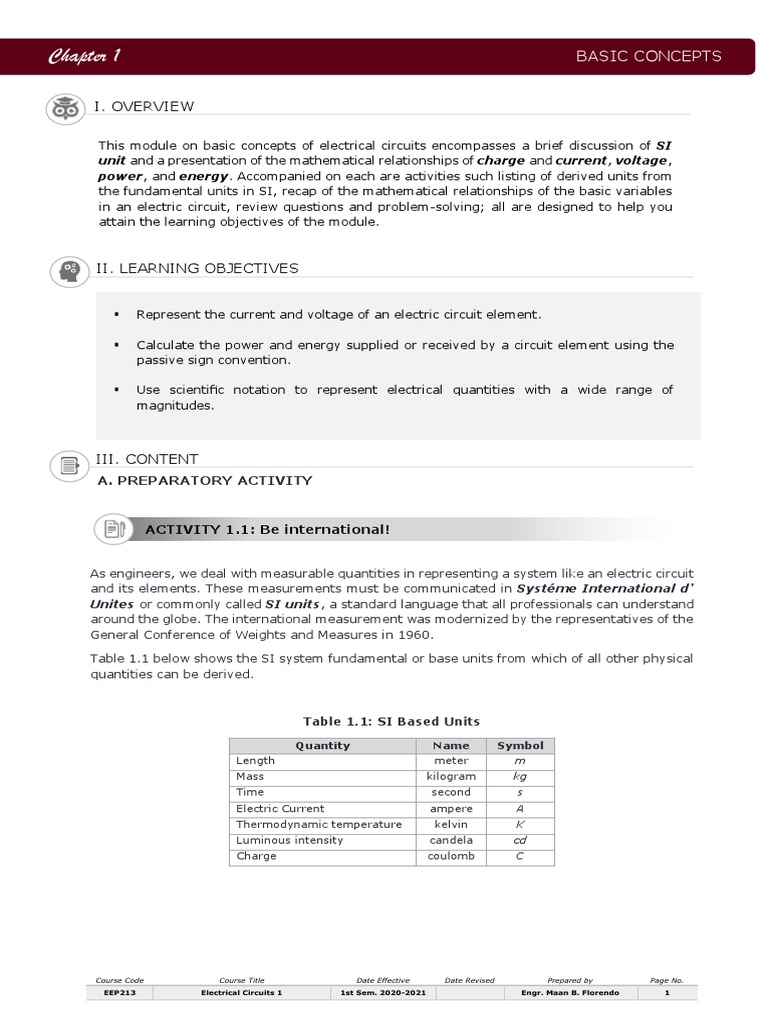 Chapter 1A Basic Concepts PDF | PDF | Voltage | International System Of ...