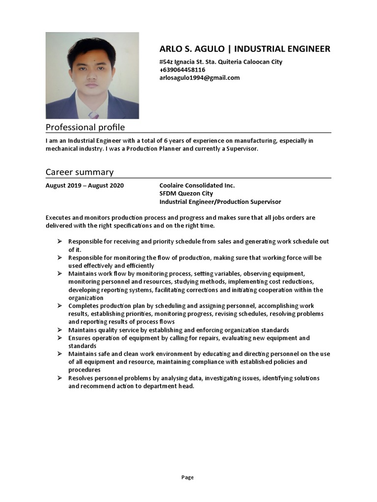 Professional Profile: Arlo S. Agulo - Industrial Engineer | PDF ...