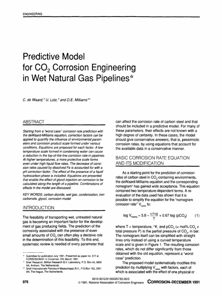Nace Corrosion 1991 Paper No 577 Predictive Model For Co2 Corrosion Engineering PDF | PDF ...