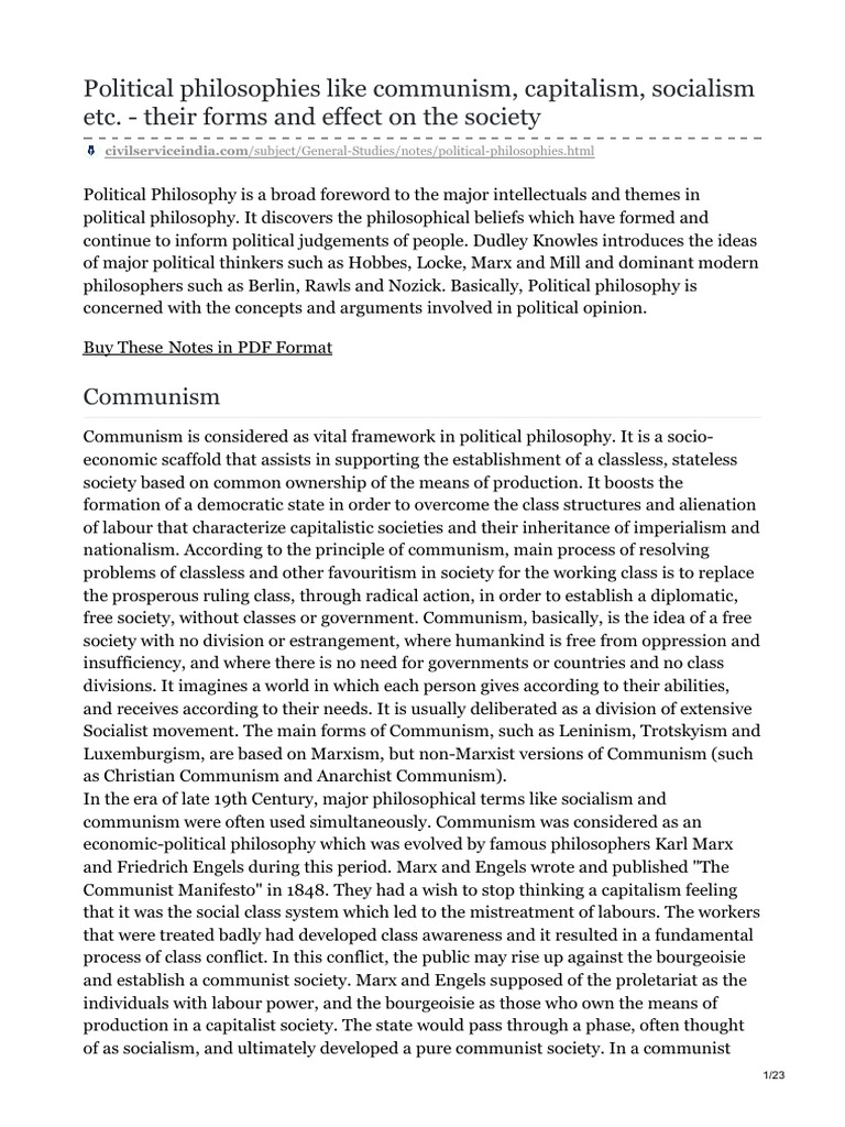 Political Philosophies Like Communism Capitalism Socialism Etc - Their Forms and Effect On The ...