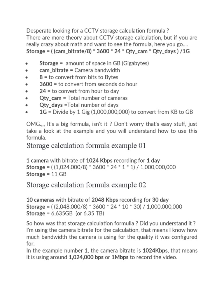 Calculating CCTV Storage Requirements: A Formula and Examples | PDF