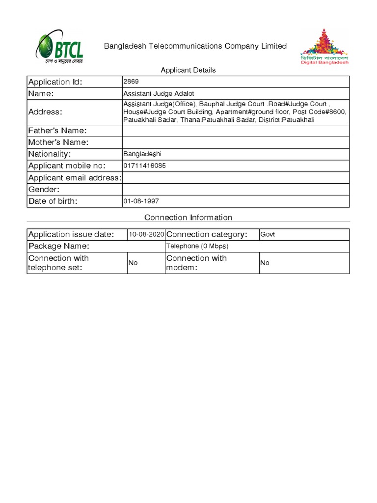 Bangladesh Telecommunications Company Limited: Applicant Details | PDF