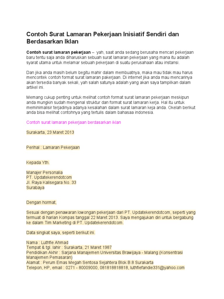 Contoh Surat Lamaran Pekerjaan Inisiatif Sendiri Dan Berdasarkan Iklan ...