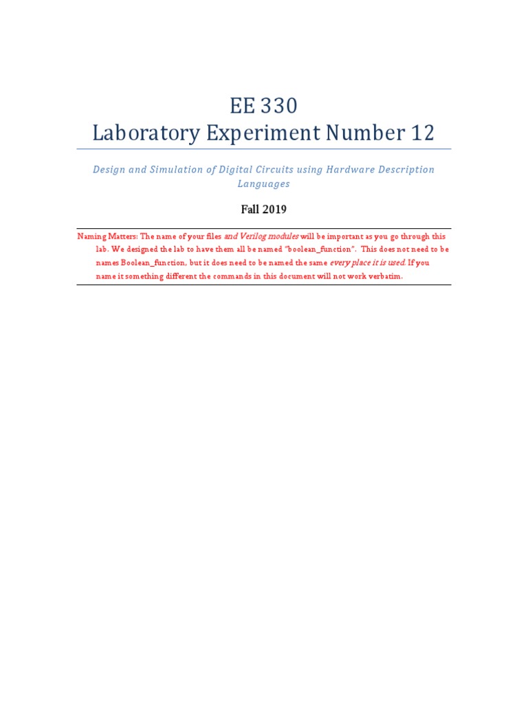Ee 330 Lab 12 Fall 2019 Pdf Hardware Description Language Logic