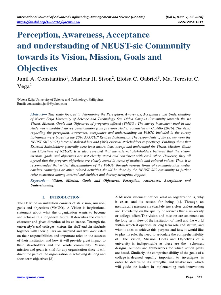 Perception, Awareness, Acceptance and Understanding of NEUST-sic Community Towards Its Vision ...