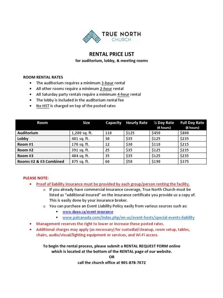 Rental Price List: Room Size Capacity Hourly Rate Day Rate Full Day ...