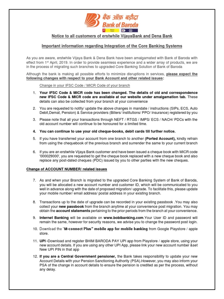 Notice To All Customers of Erstwhile Vijayabank and Dena Bank Important ...