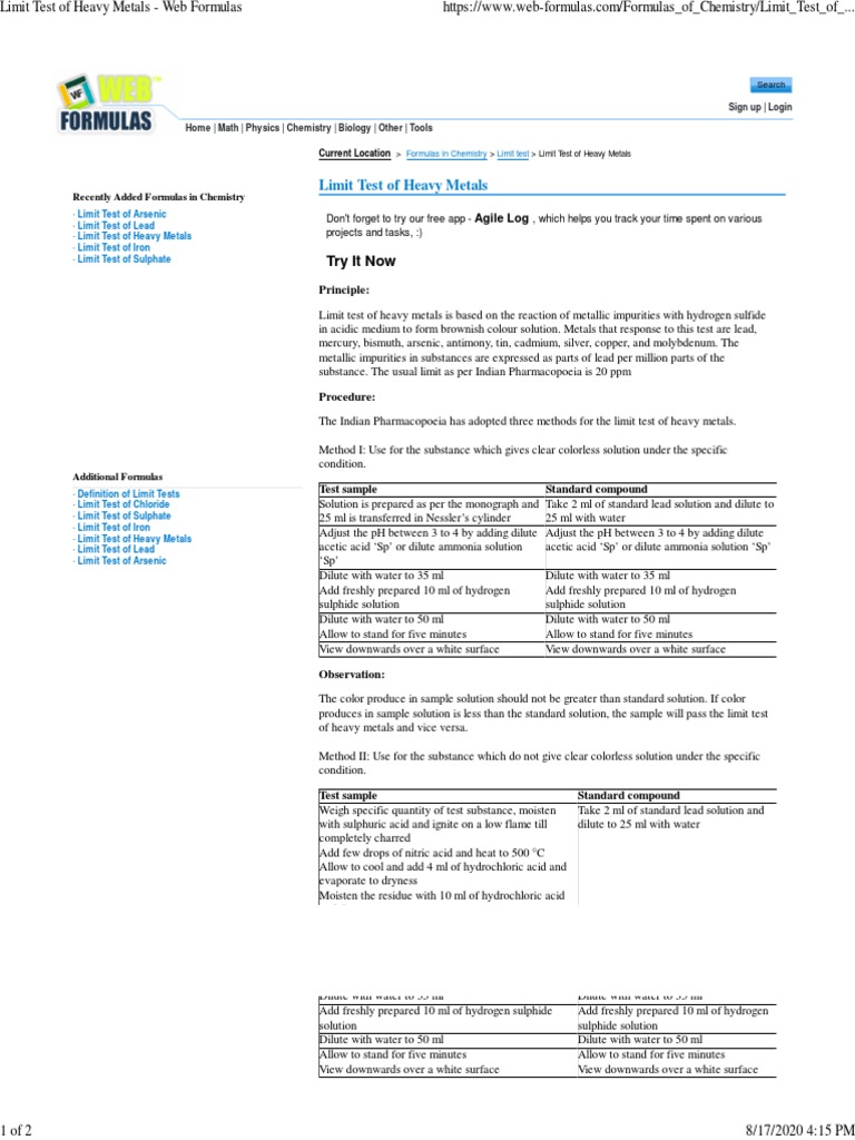 Limit Test of Heavy Metals - Web Formulas | PDF | Metals | Lead