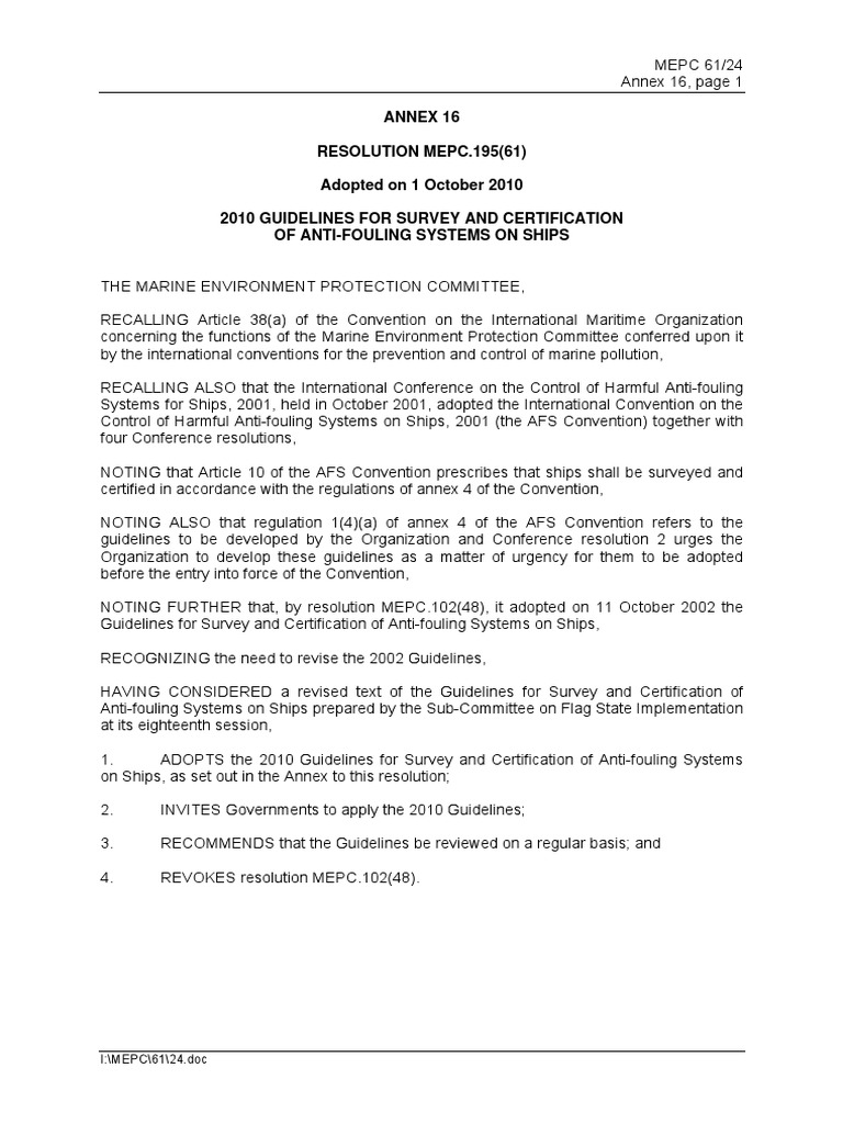 Annex 16 RESOLUTION MEPC.195 (61) Adopted On 1 October 2010 2010 ...